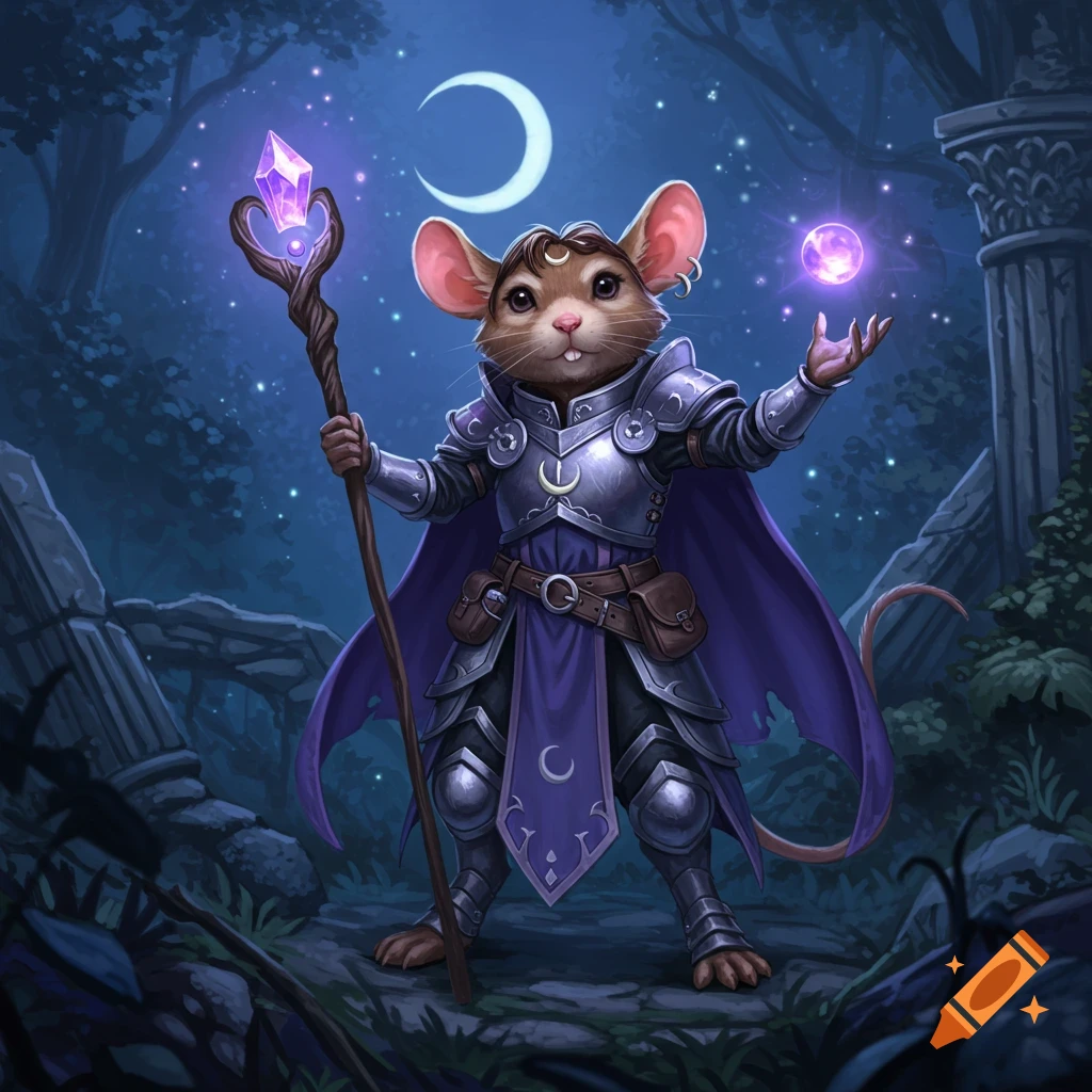 A mouse in silver armor and purple cape holds a glowing staff and orb ...