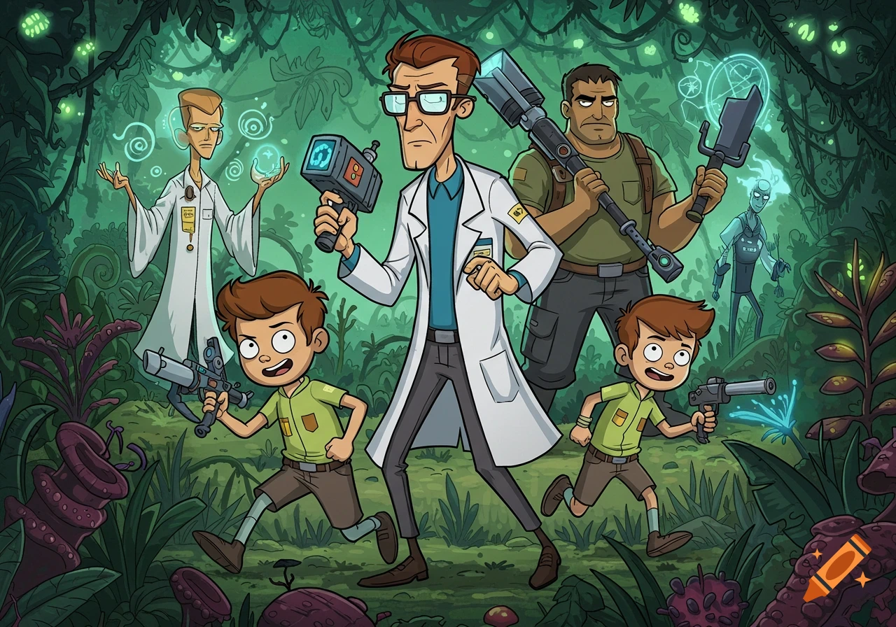 A cartoon image of a scientist, two boys, and a large man exploring a ...