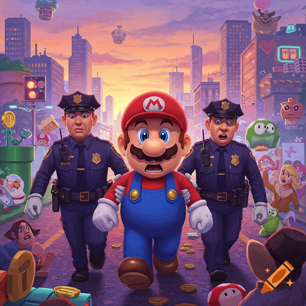 Super Mario being escorted by two police officers through a city street ...