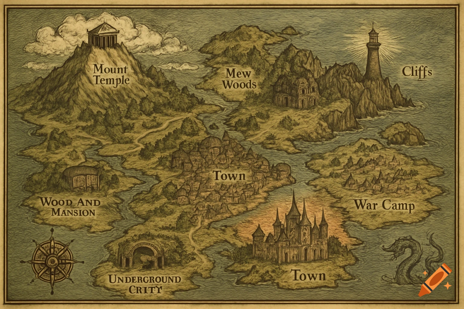 An old-style fantasy map showing a port city named Cindral, a market, a ...
