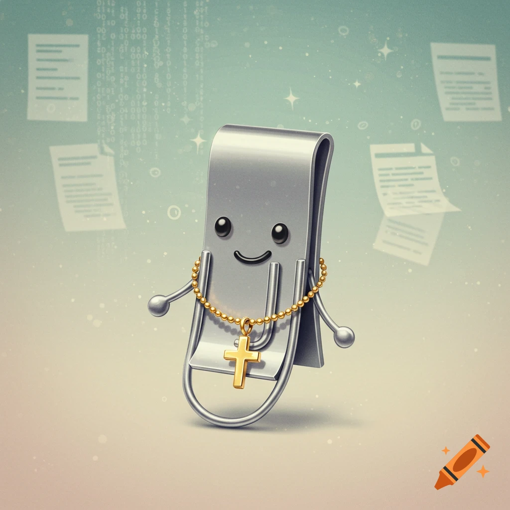 A cute, anthropomorphic Microsoft Clippy paperclip wears a gold cross ...