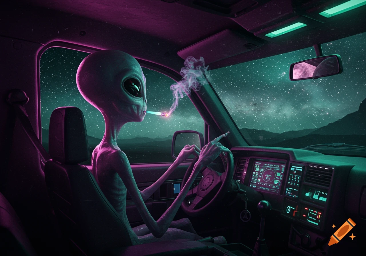 An alien with large black eyes sits inside a truck, holding a lit ...