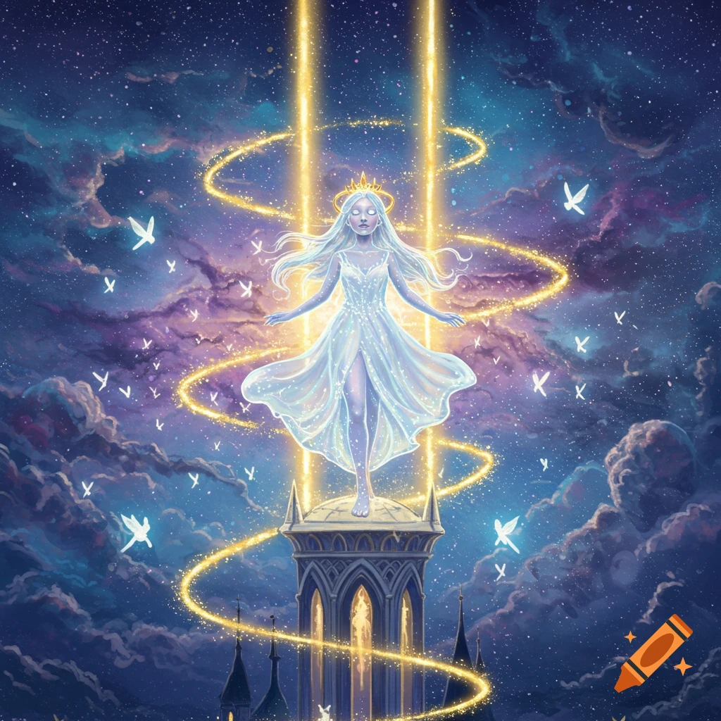 A regal man in a galaxy-patterned robe stands atop a stone pyramid ...