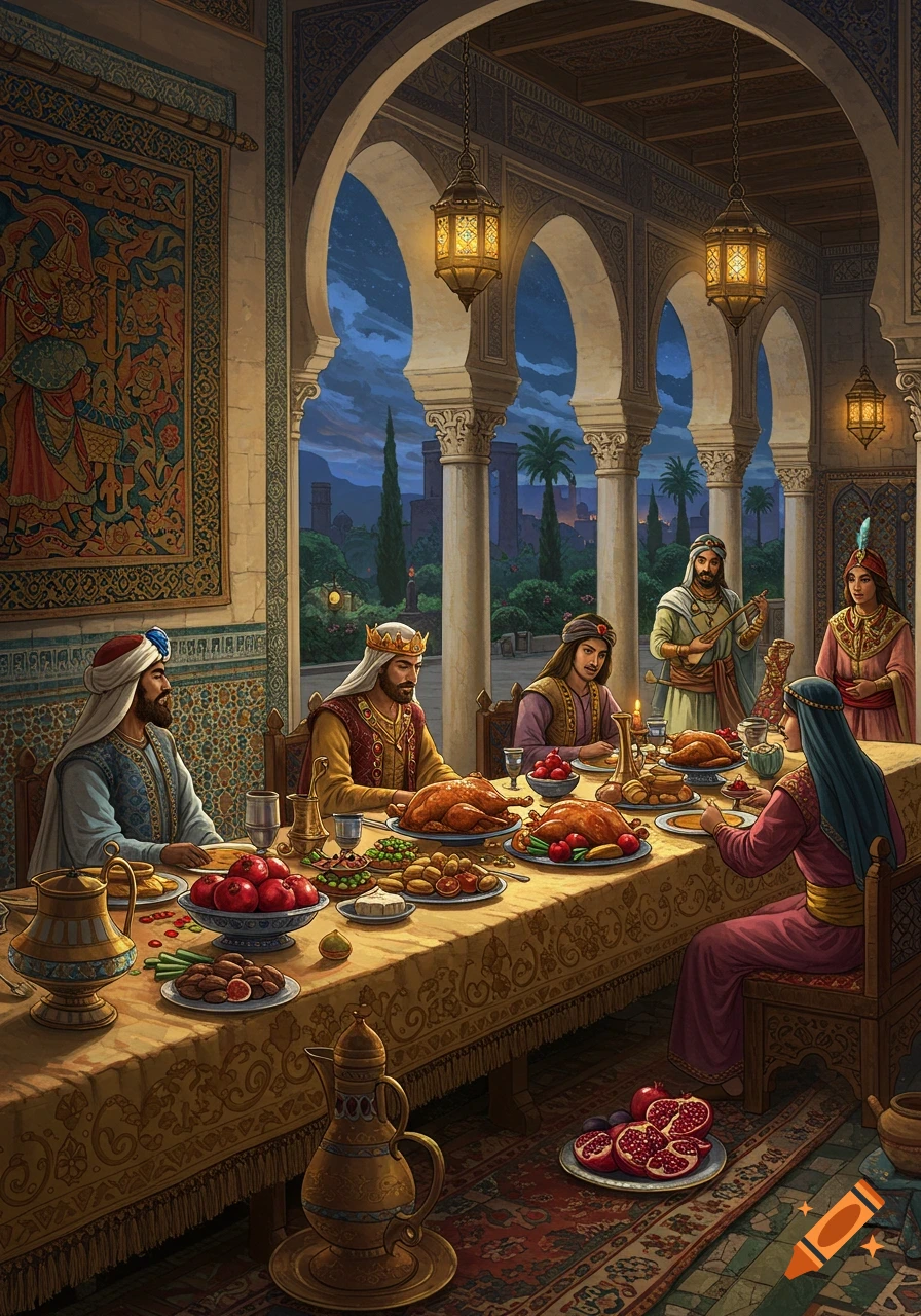 Storybook illustration of a king's feast in an opulent ancient Middle ...