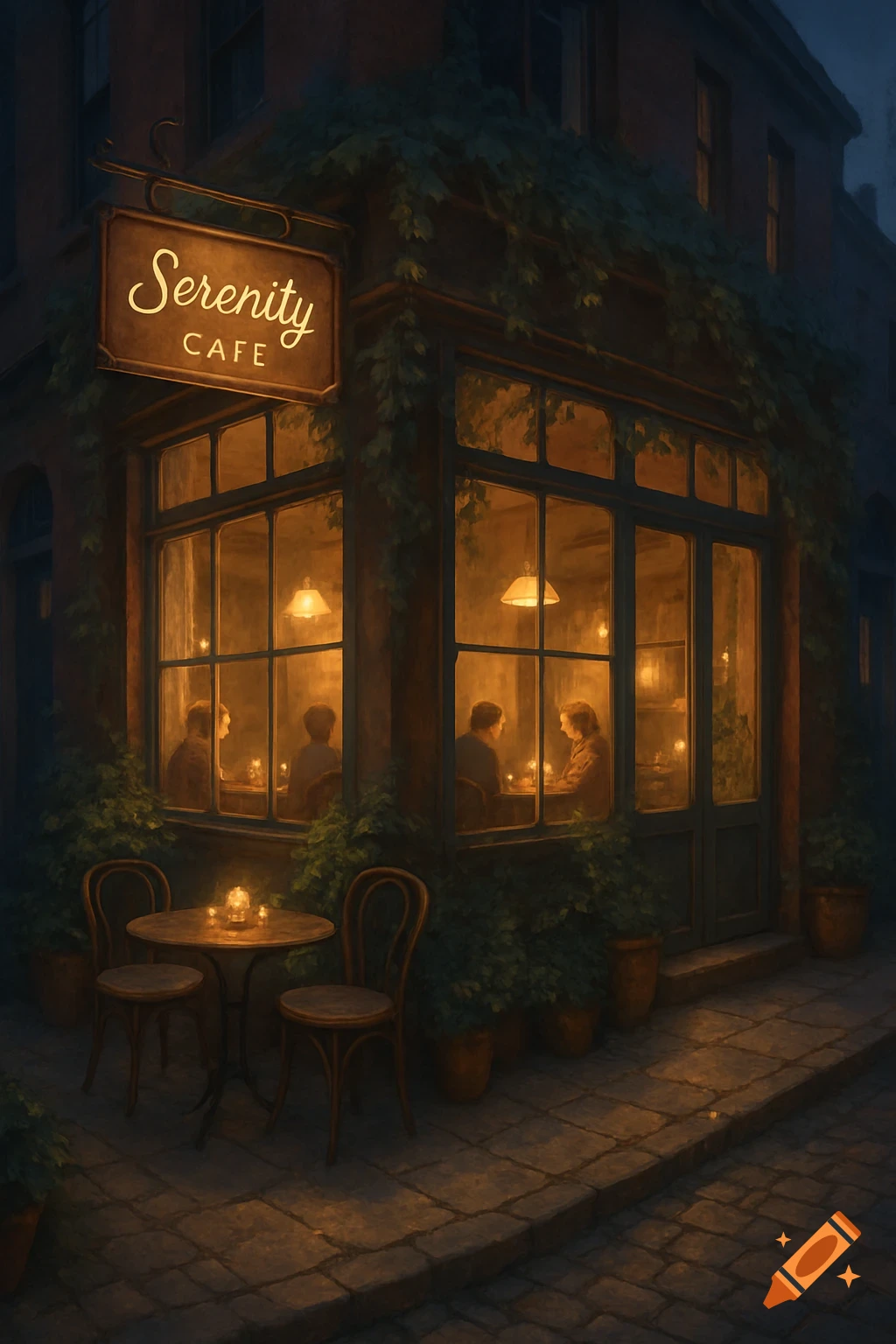 A photorealistic cafe interior with a brick wall, framed black and ...