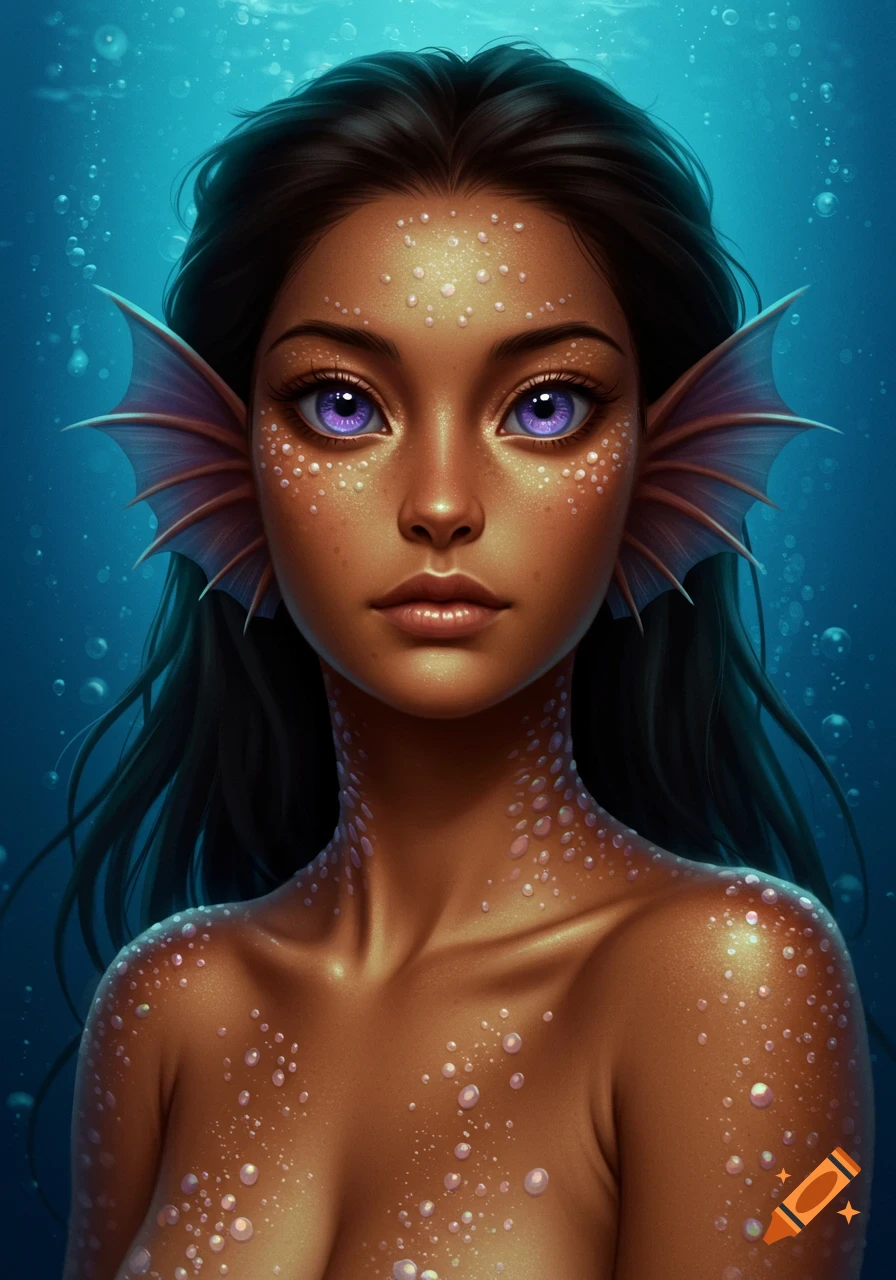 A semi-realistic human-shark hybrid swims deep underwater, with ...