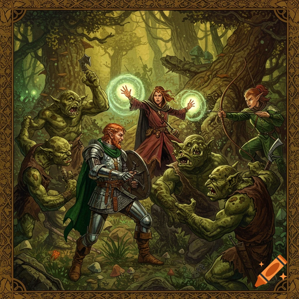 An old-school D&D style illustration of adventurers battling goblins in ...