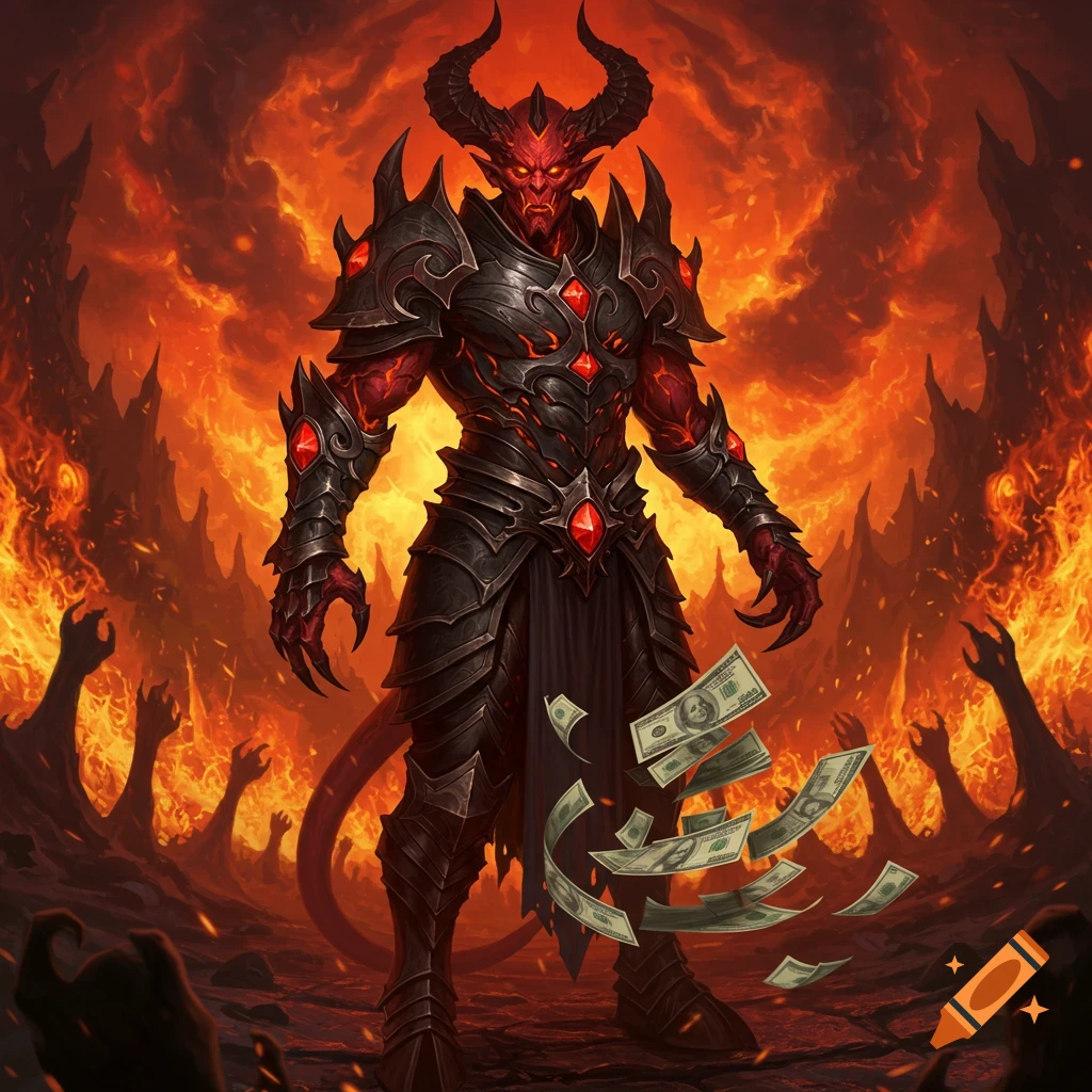 A powerful red-skinned demon in dark armor stands in a fiery hellscape ...