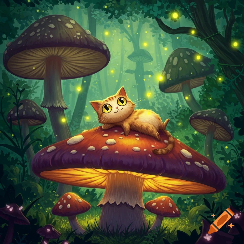 A cute cartoon ginger cat rests on a large red and purple mushroom in a magical forest with ...