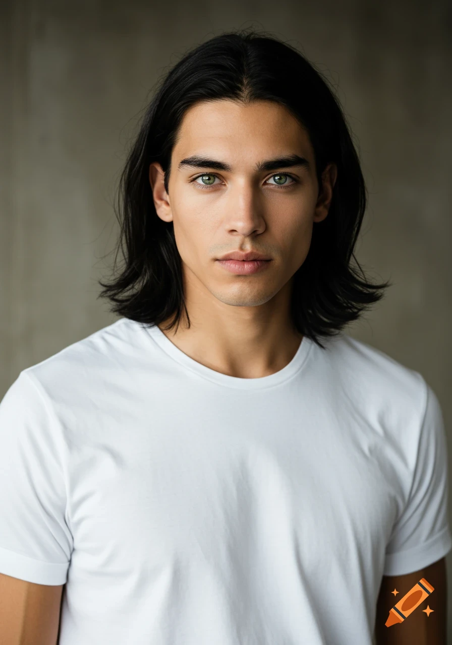 Photorealistic portrait of a man with light tan skin, curly dark hair ...