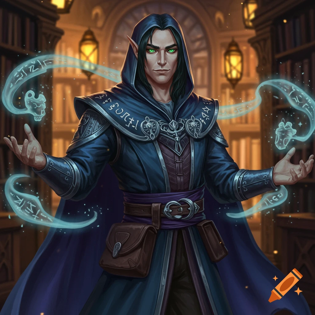 A male mage in a temple, casting a spell with glowing runes, surrounded ...