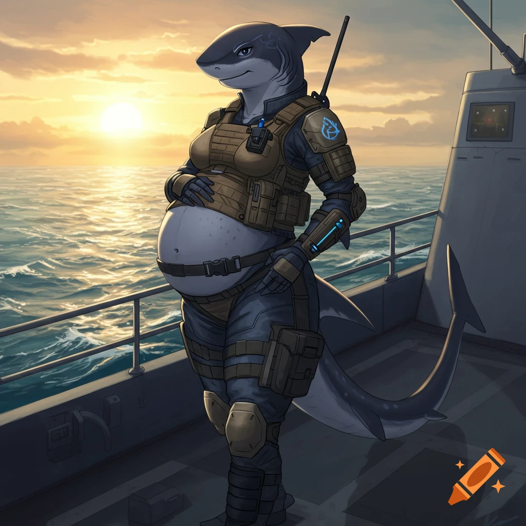 A pregnant furry shark in tactical military gear stands on a ship deck ...