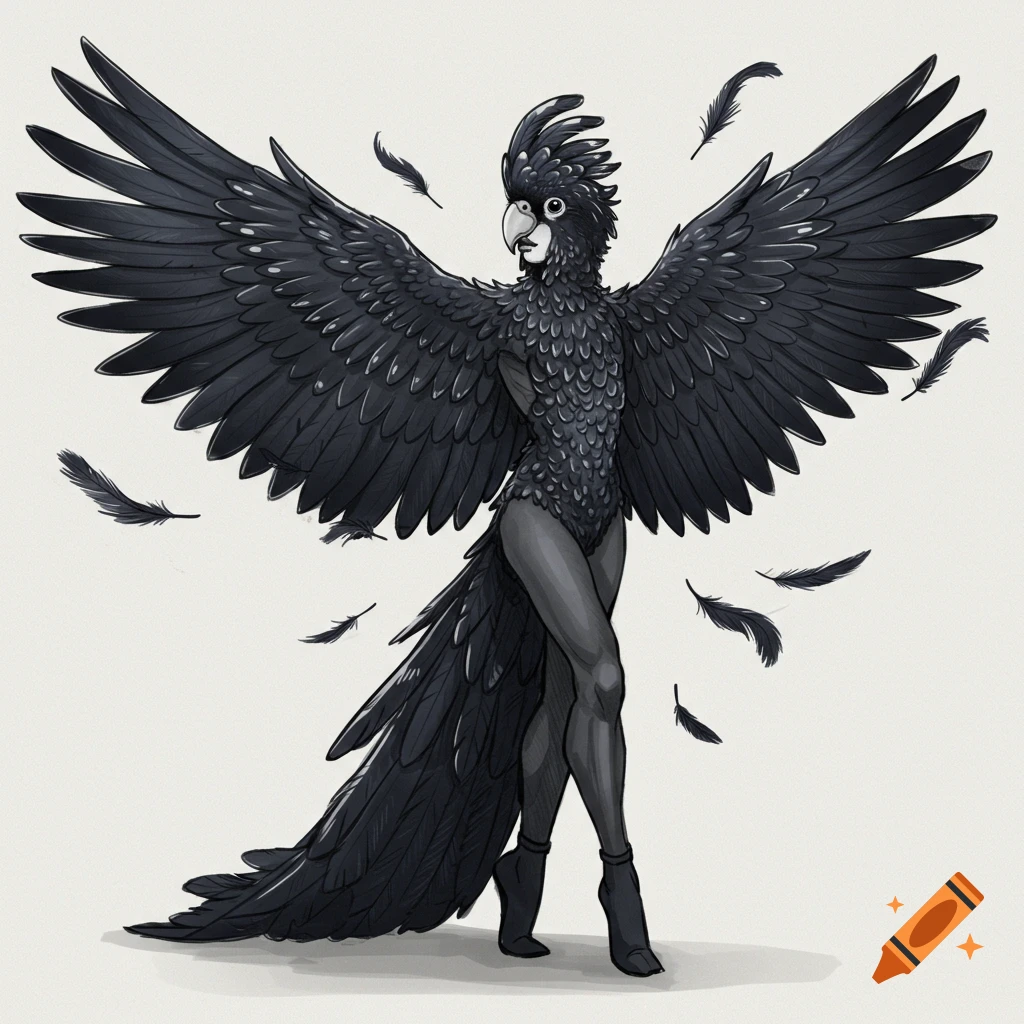 A sketch of a dark anthropomorphic bird creature with large wings ...