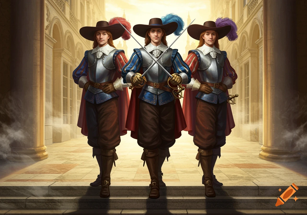 Three identical men in musketeer costumes with feathered hats stand in ...