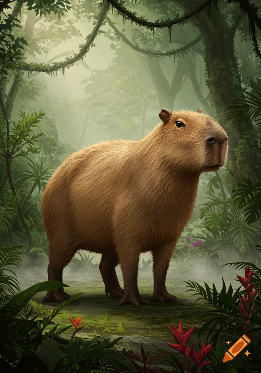 A realistic capybara stands in a lush, misty jungle surrounded by green ...