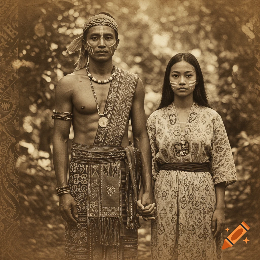 Two Toraja people stand side by side in richly decorated traditional ...