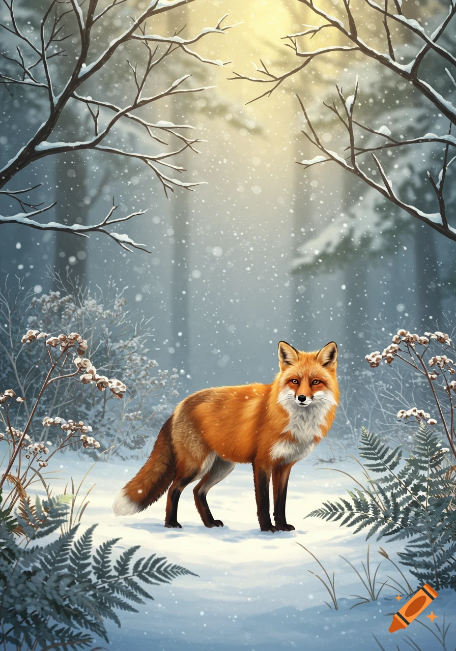 A cute orange fox with white fur walks in a snowy winter forest with ...
