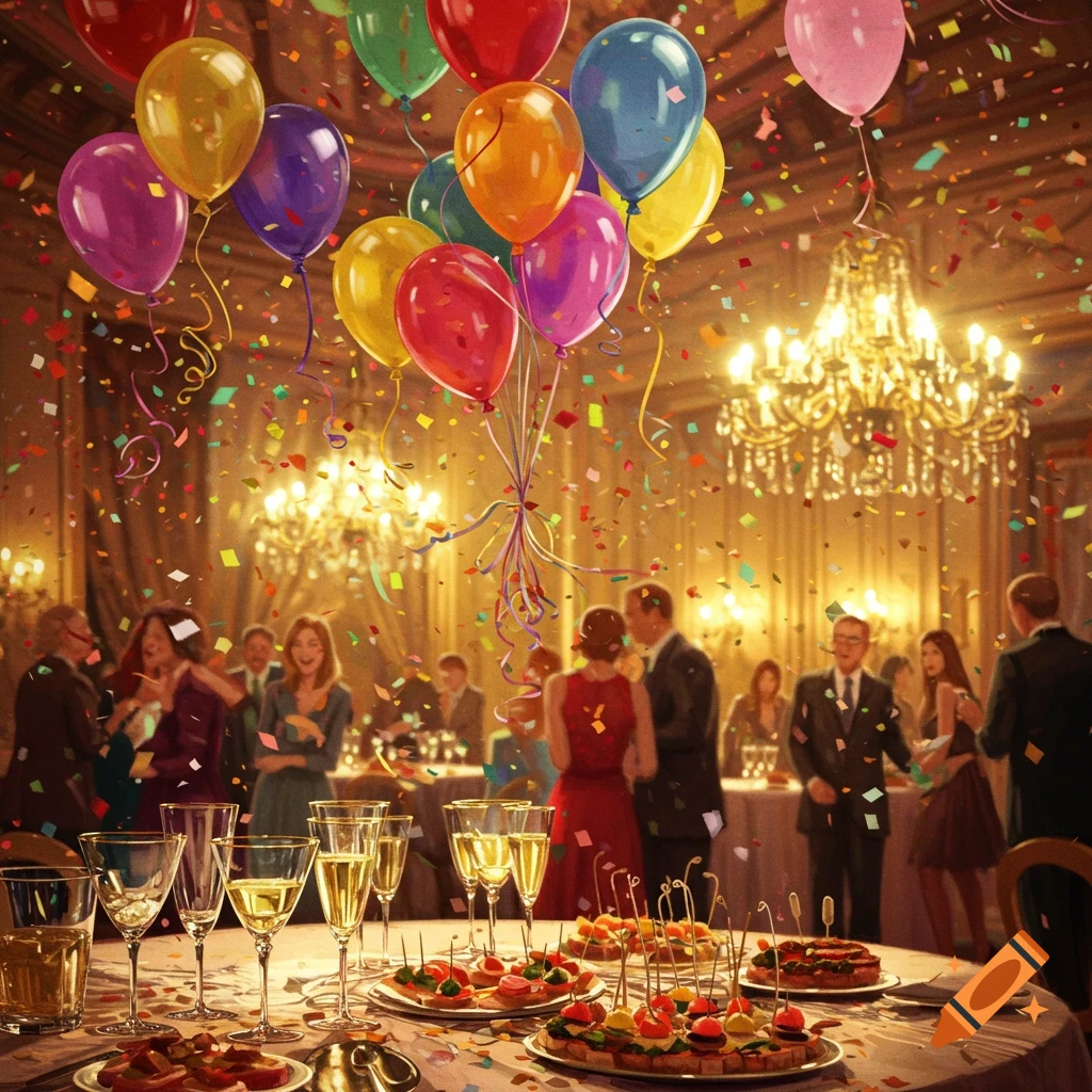 A lively party in a grand hall with balloons, confetti falling, people ...