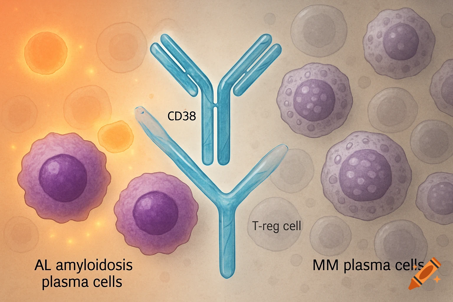 Medical diagram showing blue CD38 antibodies interacting with purple AL ...