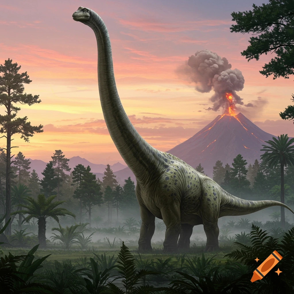 A large, long-necked dinosaur stands in a lush prehistoric forest with ...