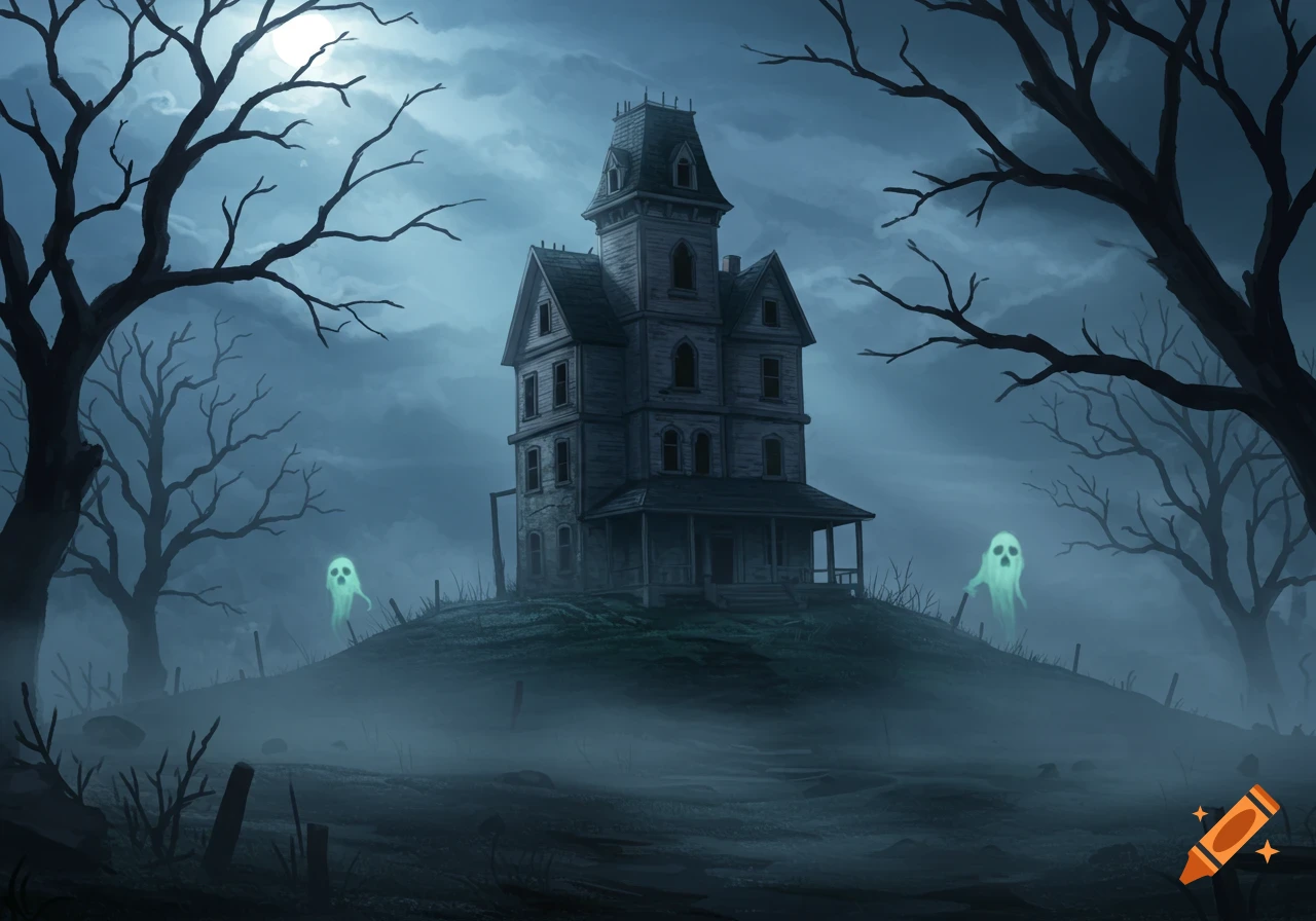 A spooky haunted house at night under a full moon, with bare trees ...