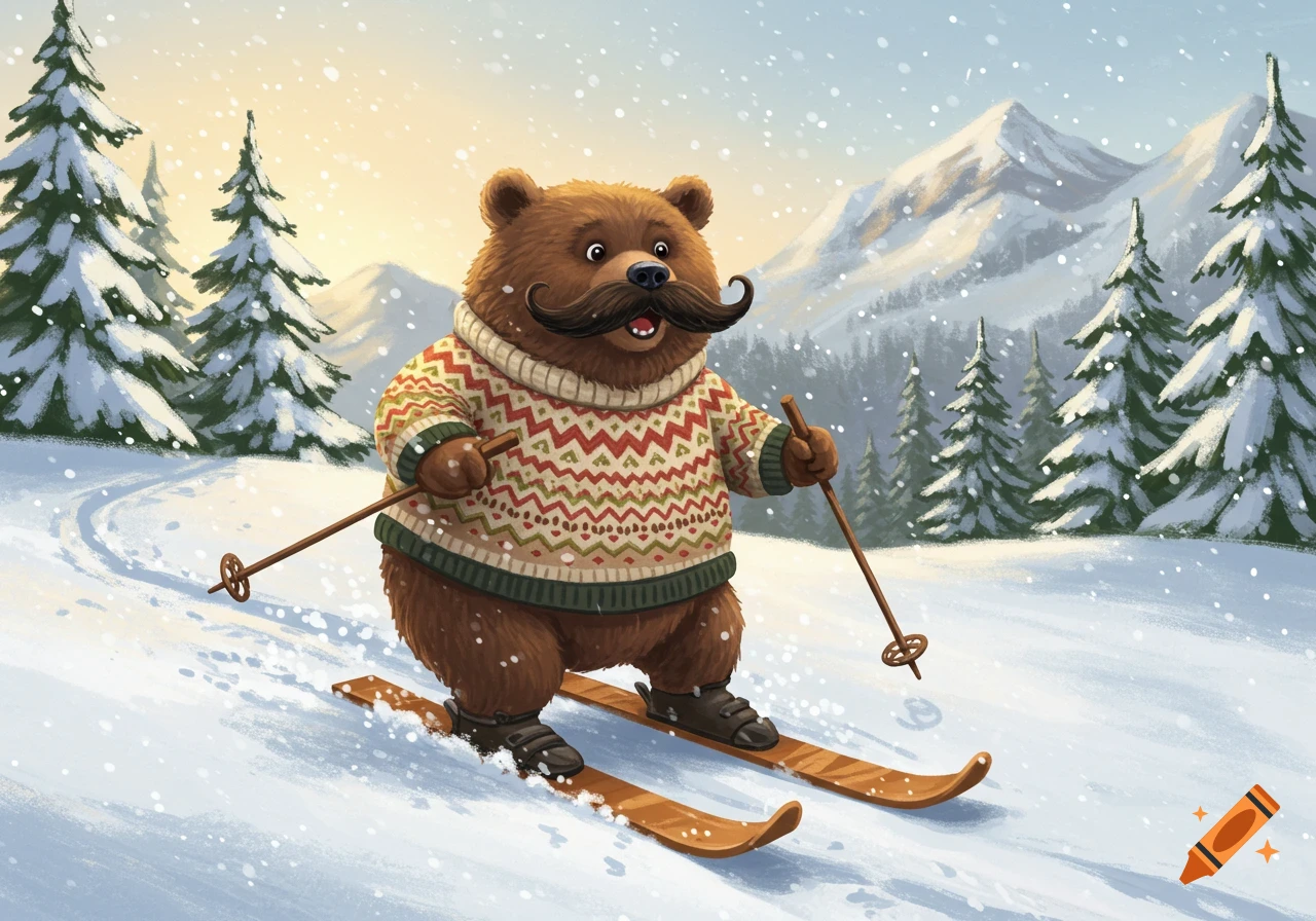 A colorful, blocky cartoon character skis down a snowy mountain slope ...