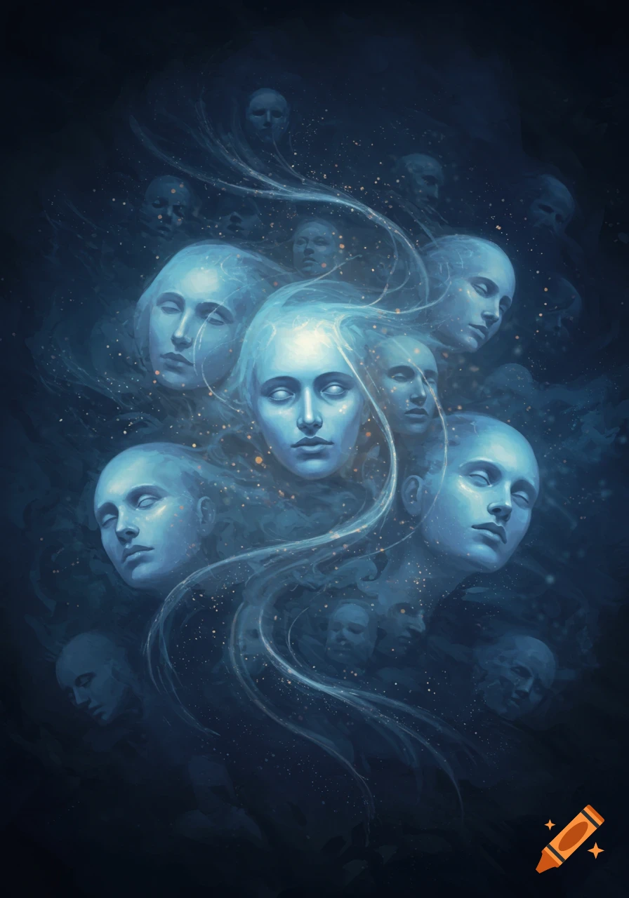Multiple pale blue, ethereal faces with white eyes float amidst swirling mist and golden ...