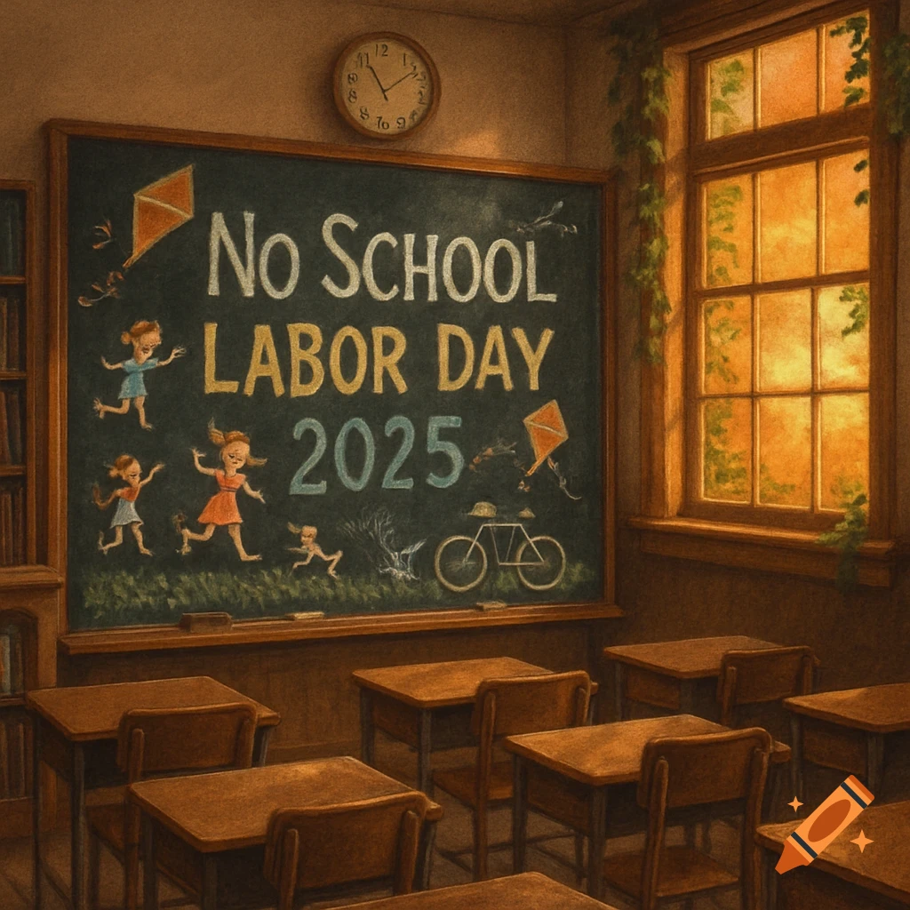 A classroom with a blackboard displaying "No School LABOR DAY 2025" and ...