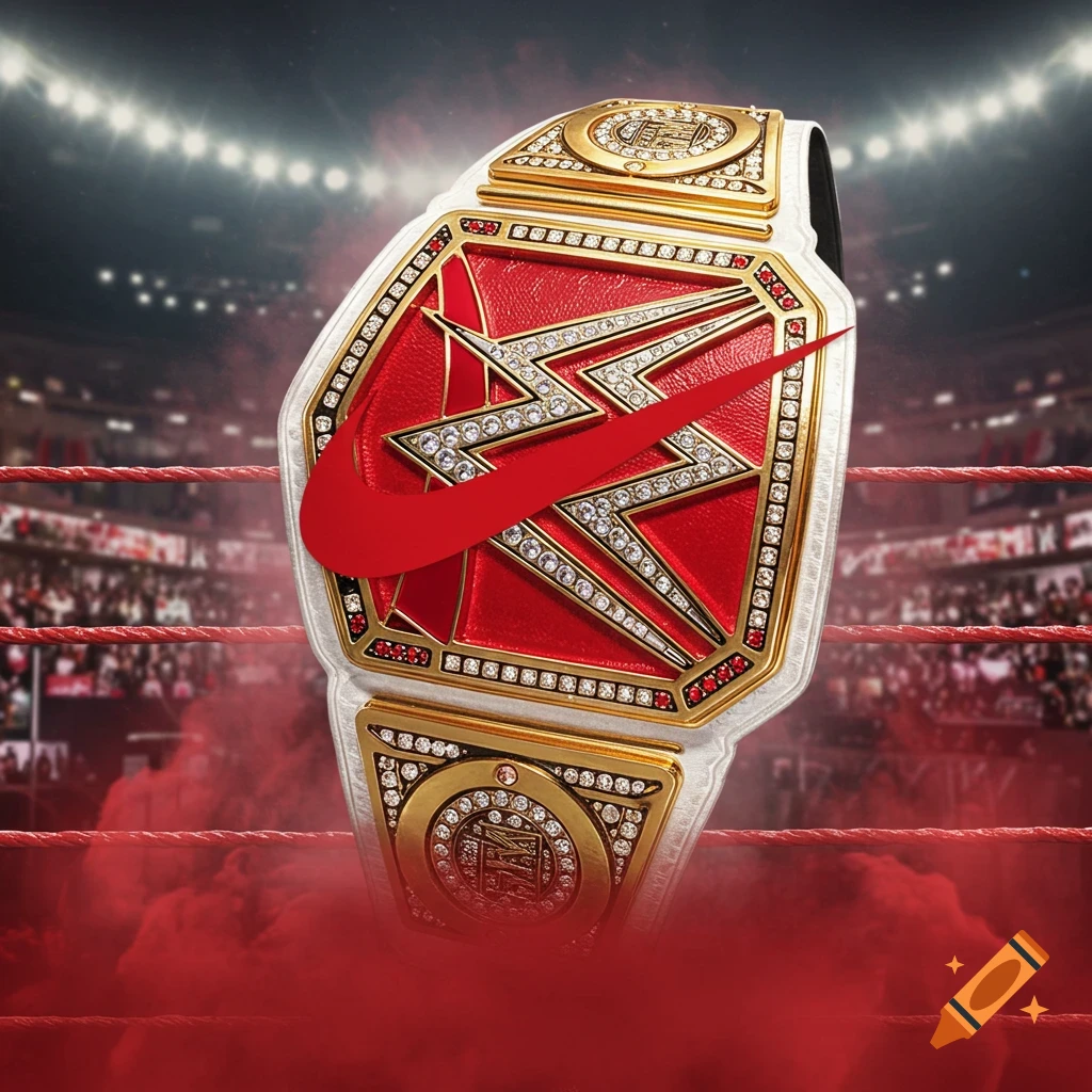 A white and gold WWE championship belt with a red Nike swoosh, in a ...