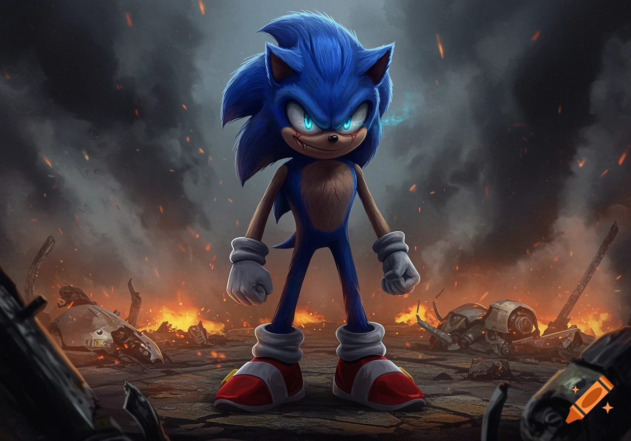 Sonic the Hedgehog with an angry expression, firing a flamethrower in a ...