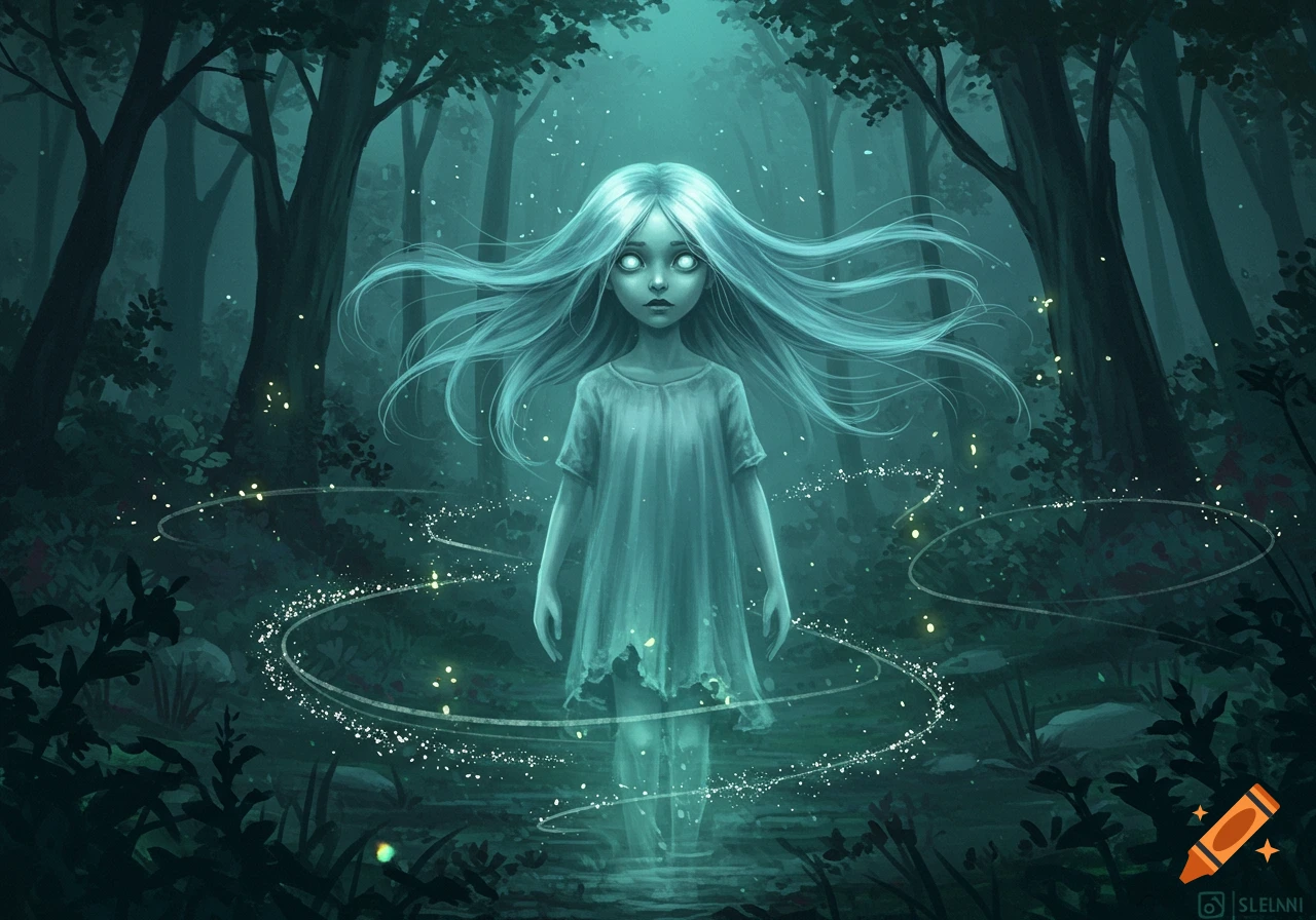 Fantasy art of a ghost girl with white hair, glowing green eyes and ...