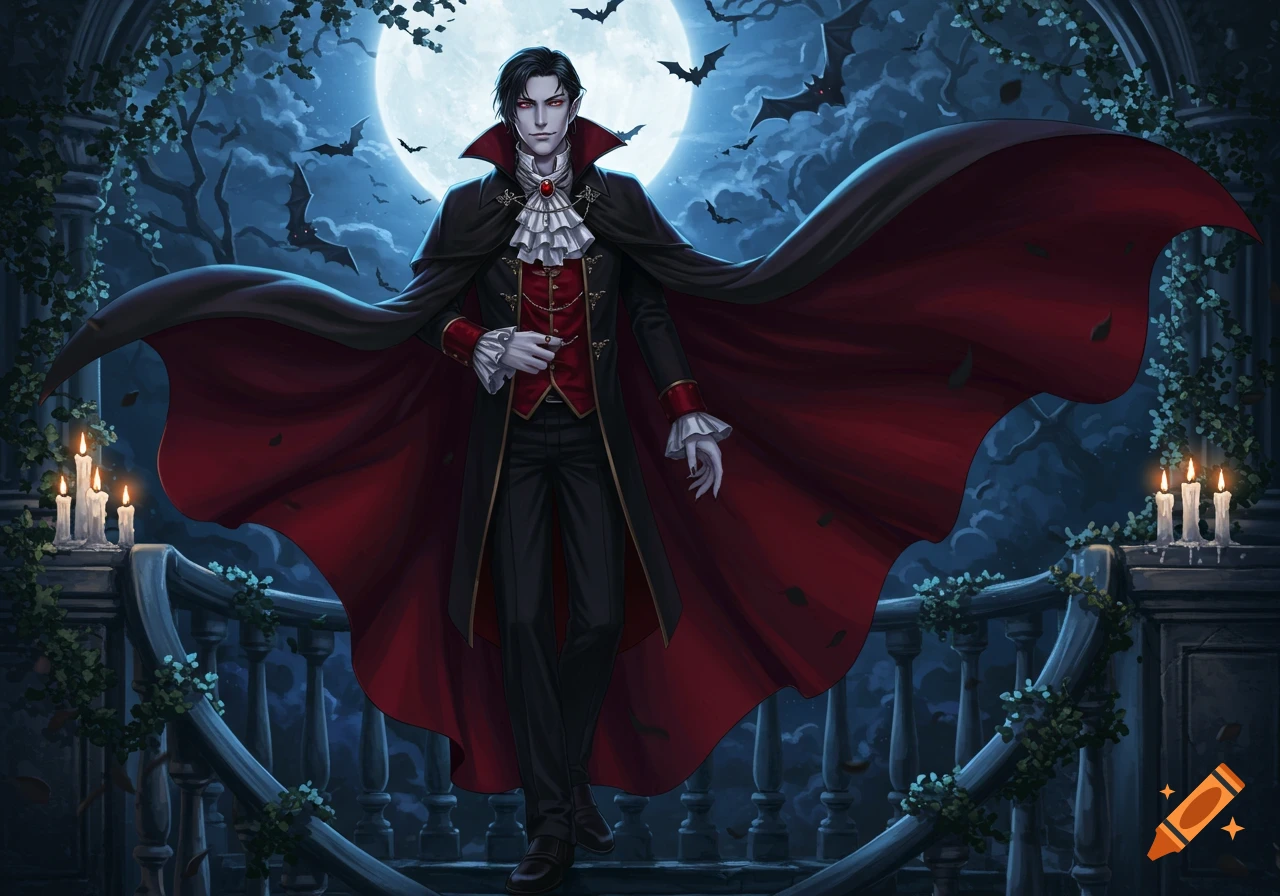 A male vampire with spiky orange hair, red glowing eyes, fangs, wearing ...