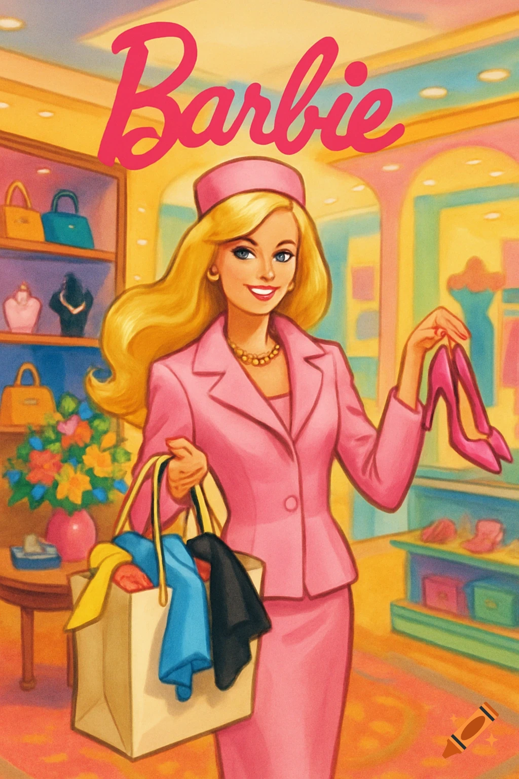 A vibrant cartoon illustration of Barbie in a pink suit, holding a ...