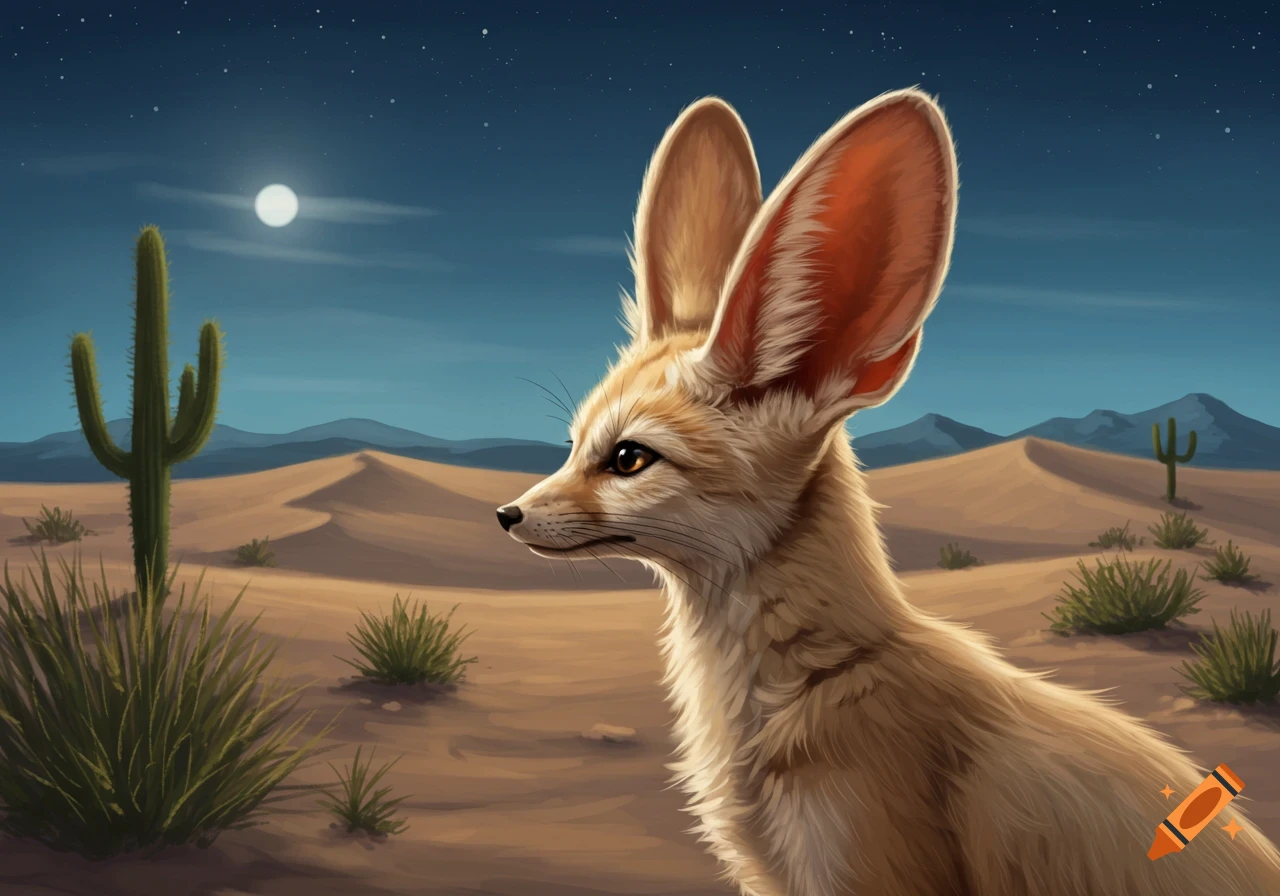 A furry meerkat with large rabbit ears stands upright in a sandy desert ...