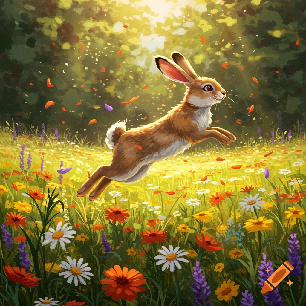 A playful brown rabbit leaps through a vibrant meadow filled with ...