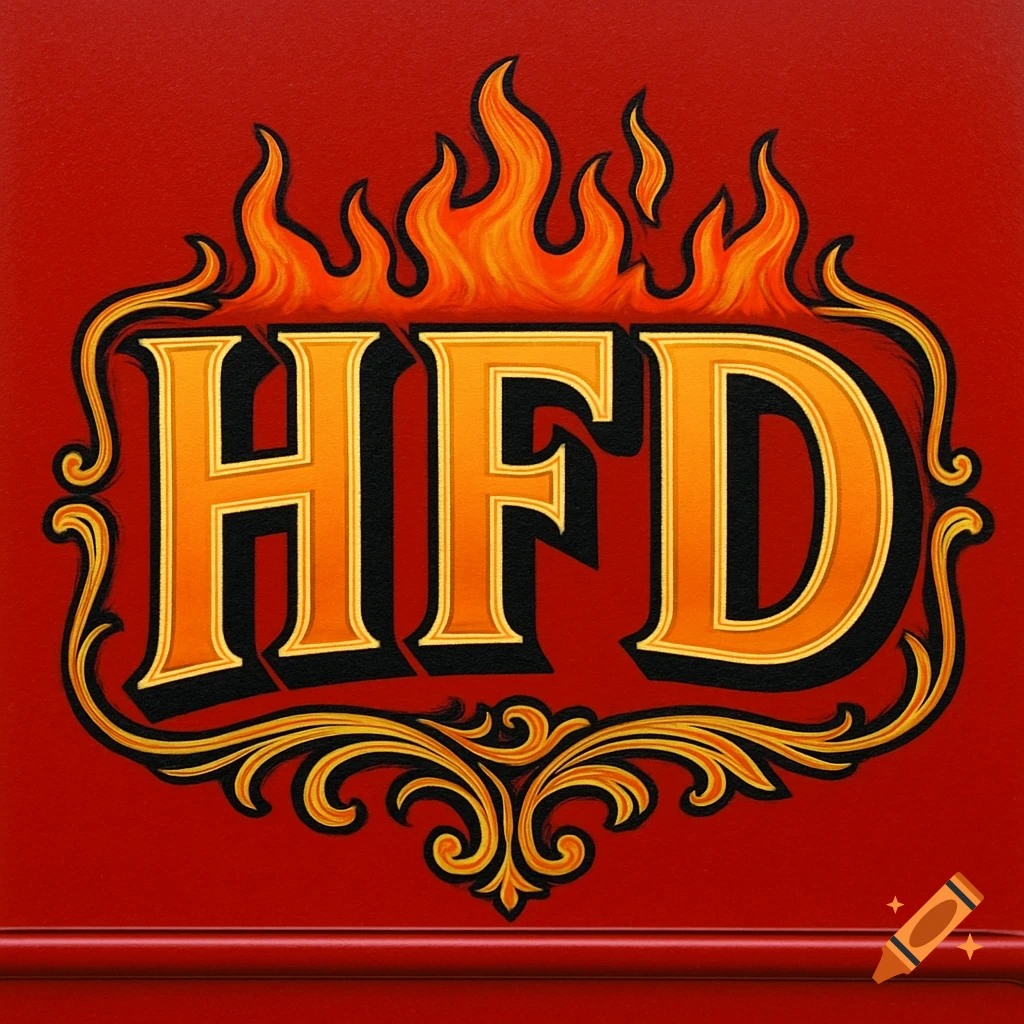 A stylized HFD emblem on a red background, featuring orange and gold ...