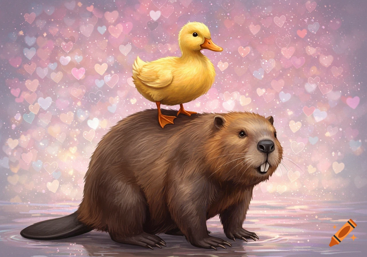 A small yellow duck stands on the back of a brown beaver with large ...