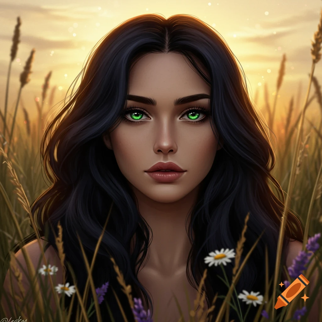 Stylized portrait of a woman with long dark hair and bright green eyes ...