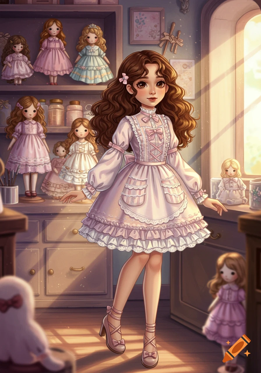 Illustration of a doll-like girl in a pink frilly dress in a sunny doll ...