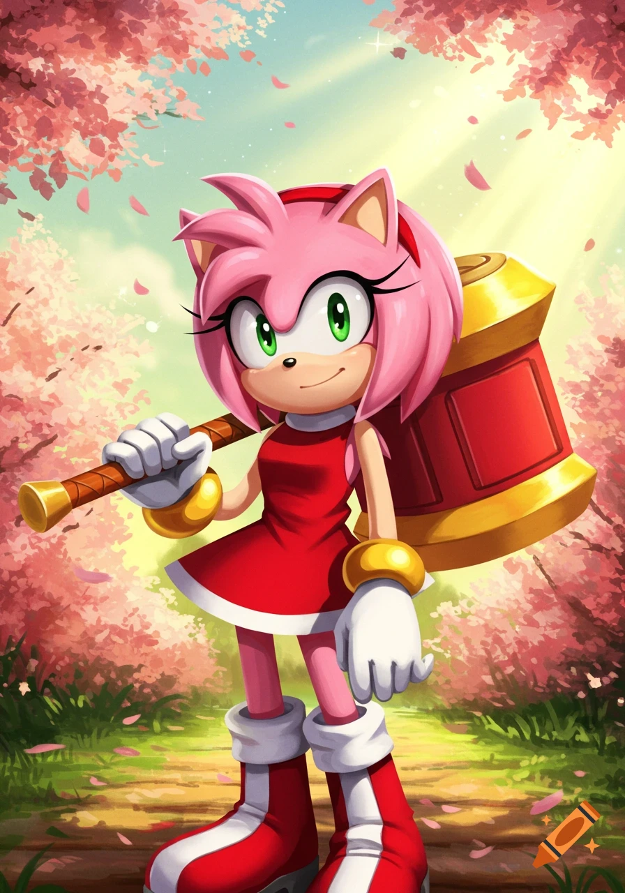 Amy Rose, a pink hedgehog, smiles while holding her hammer over her ...