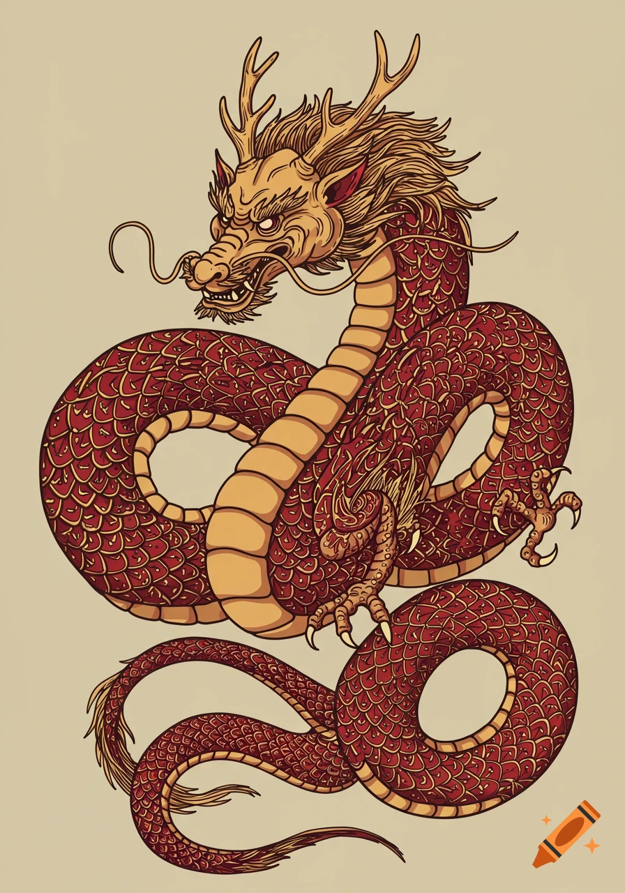 A colorful line drawing of an orange Asian dragon rising amidst blue ...