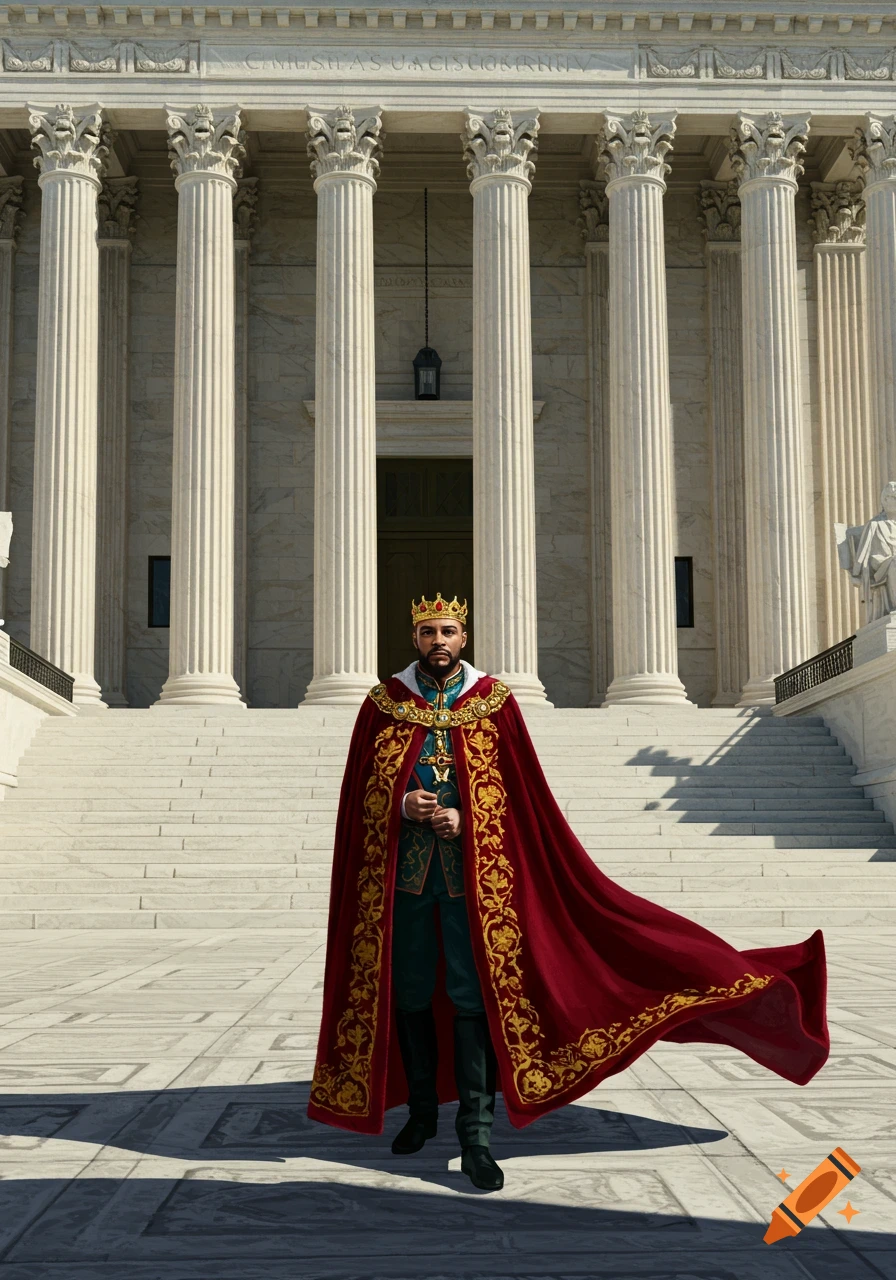 A regal king in a red and gold robe stands at the bottom of the steps ...