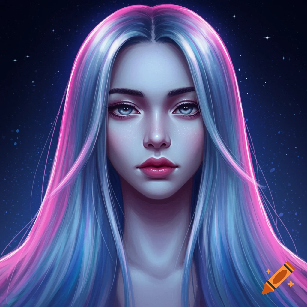 Close-up digital painting of a fantasy face with large glowing blue ...