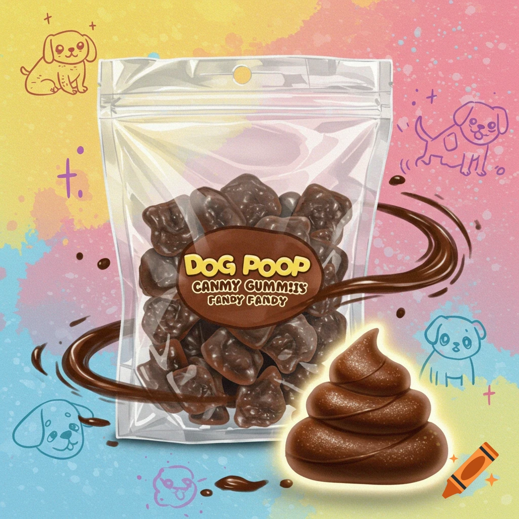 A clear bag of brown, dog-poop-shaped candies labeled "DOG POOP" next ...