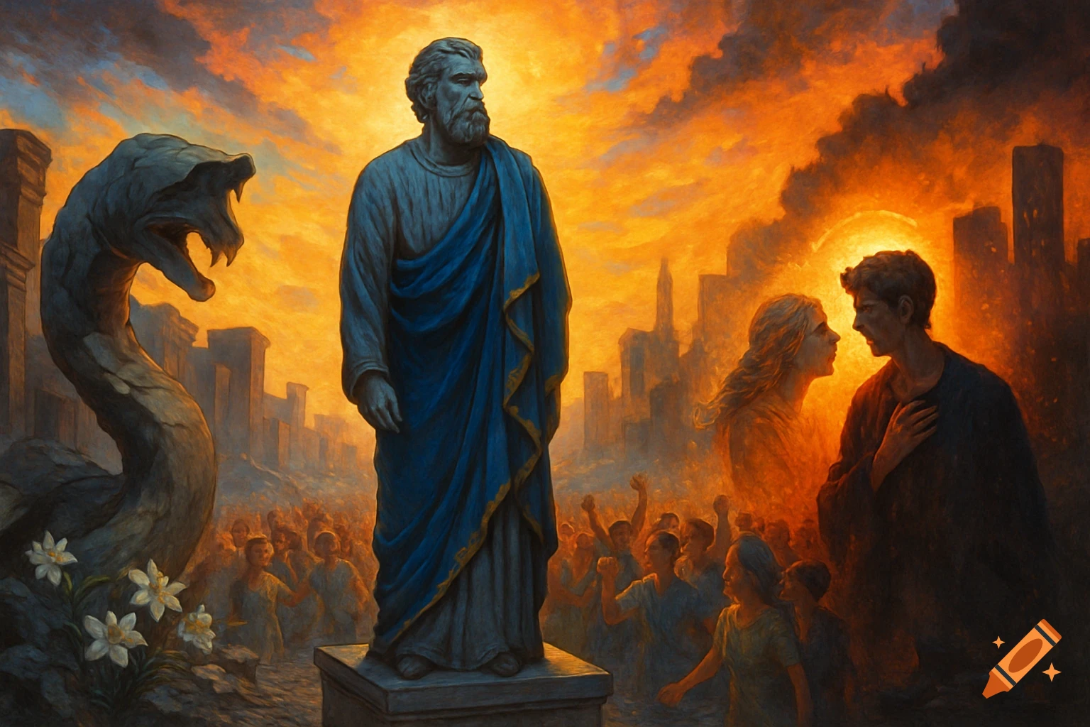 A techno-Roman figure in glowing attire plays a futuristic trumpet ...