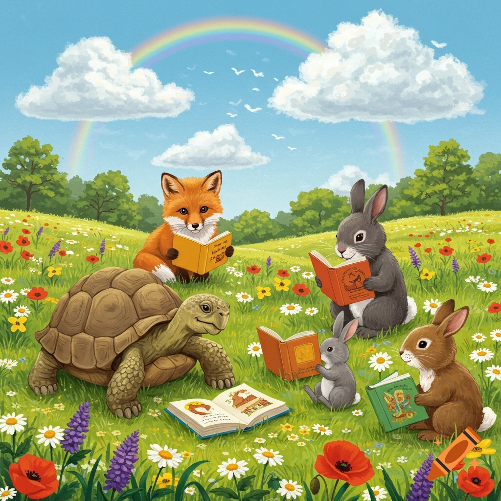 Cartoon fox, rabbit, owl, and bird in a colorful forest illustration ...