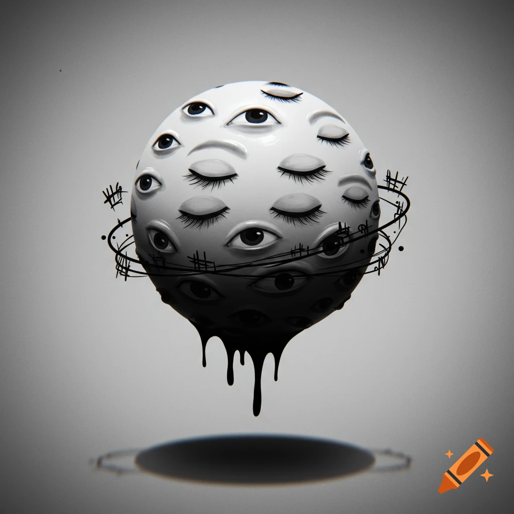 A girl in a dress looks down a spiraling black and white rabbit hole ...