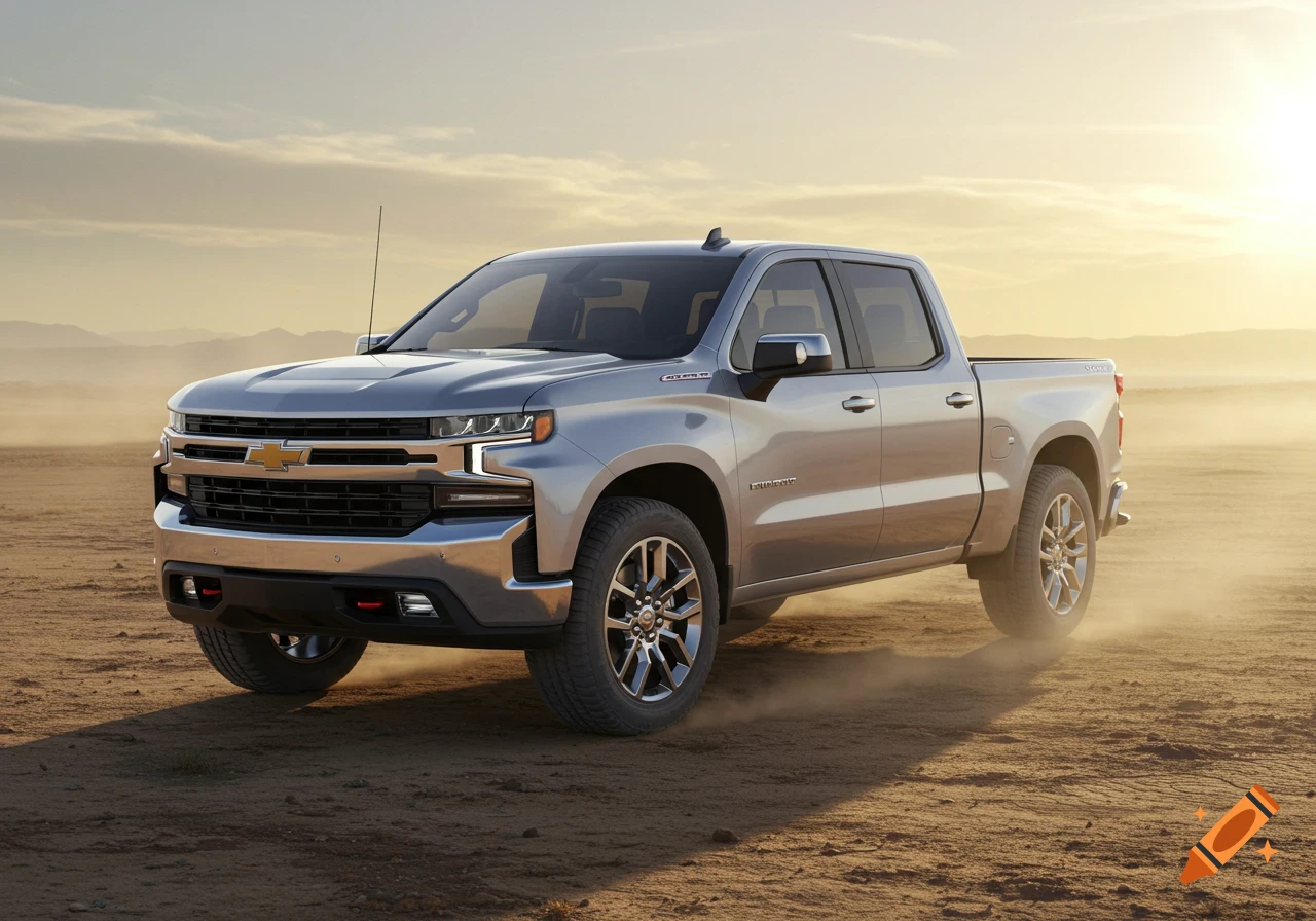 A gold Chevy Silverado double cab pickup truck sits on a dirt road in a ...