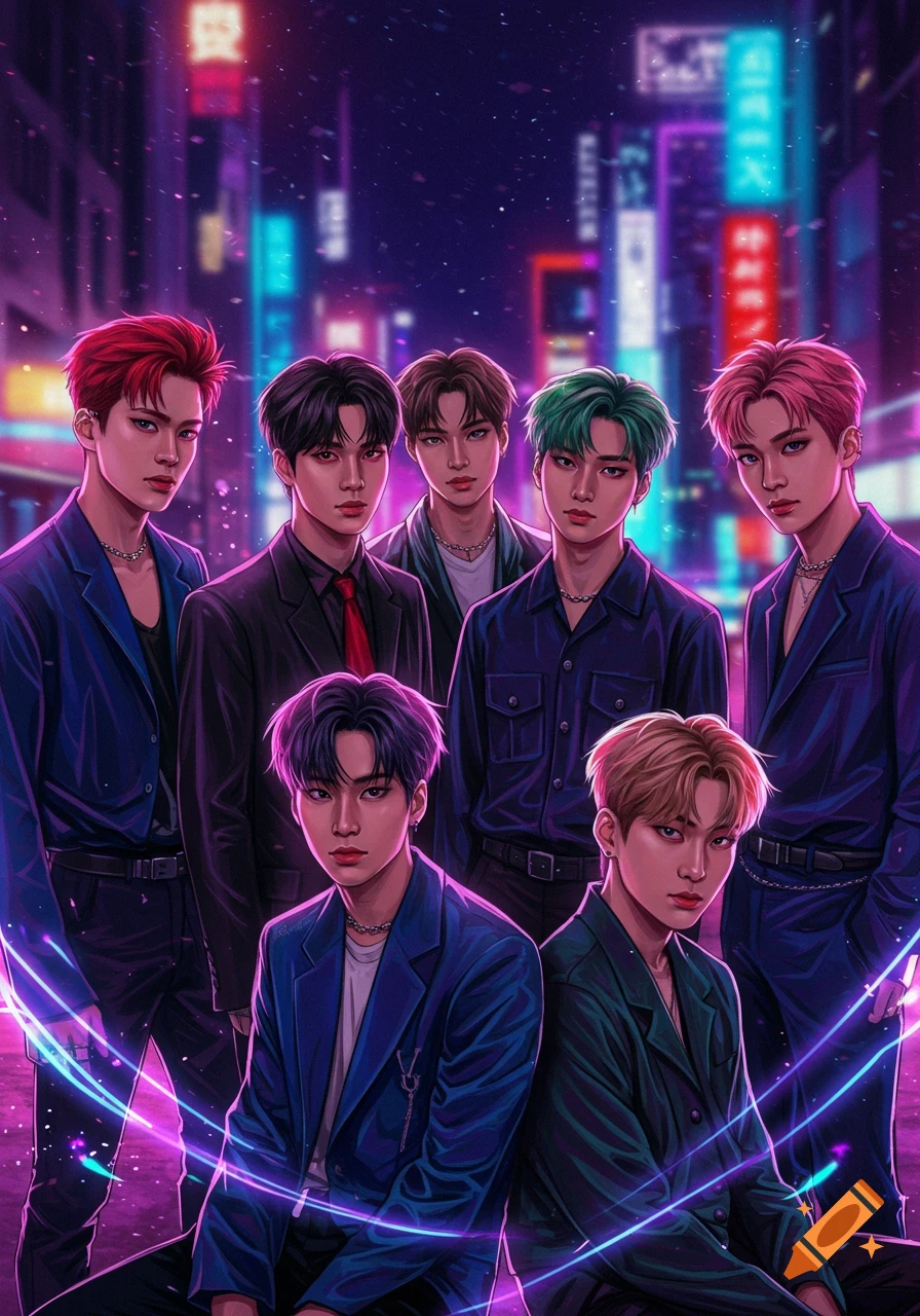 Seven anime-style male figures with colorful hair and dark outfits ...