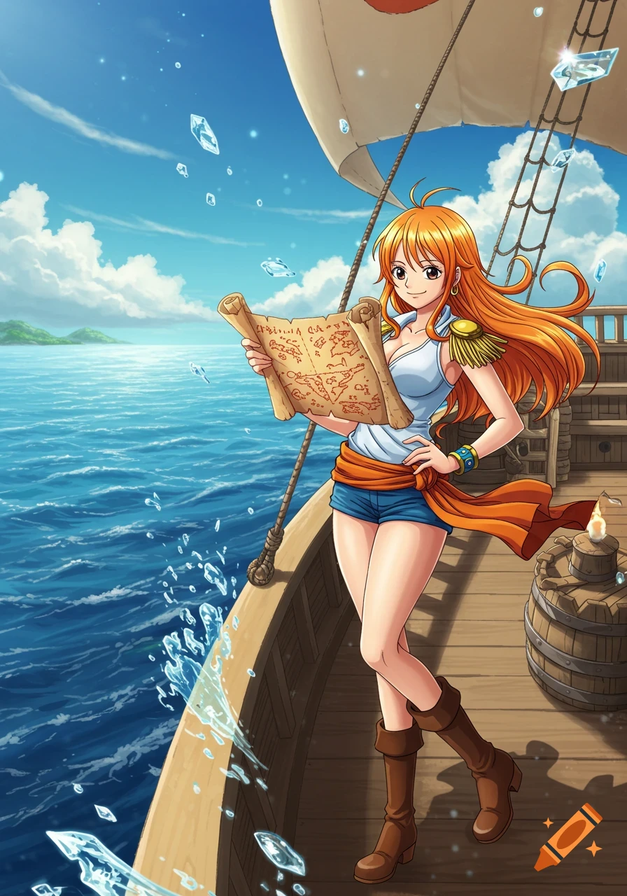 Anime character Nami from One Piece stands on a ship's deck, holding a ...